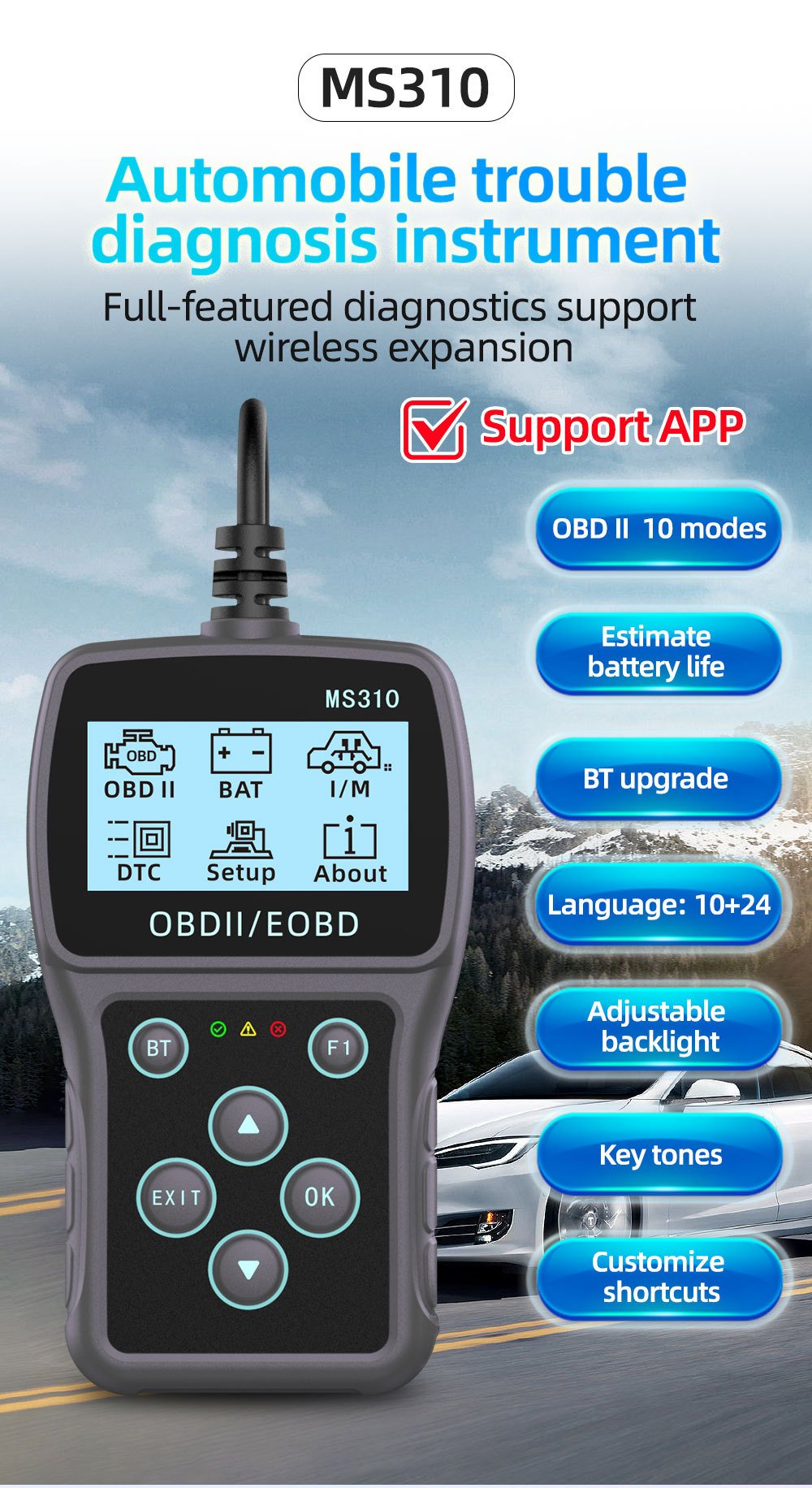 MS310 OBD2/EOBD Scanner Car Fault Detector Automobile Diagnostic Tool Battery Detection - uujxx