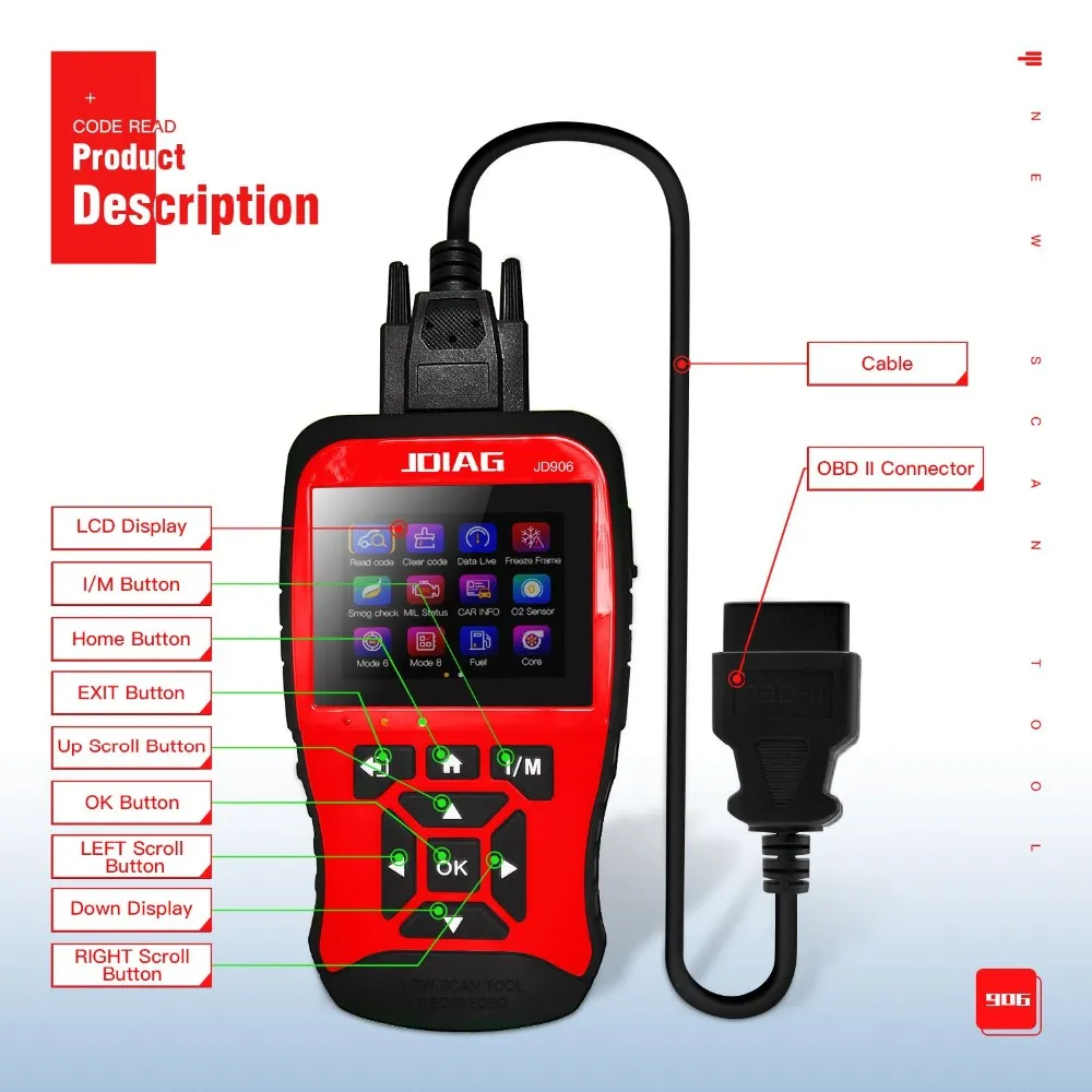 JDiag JD906 CODE READER Super function OBD Auto Scanner Support All ...