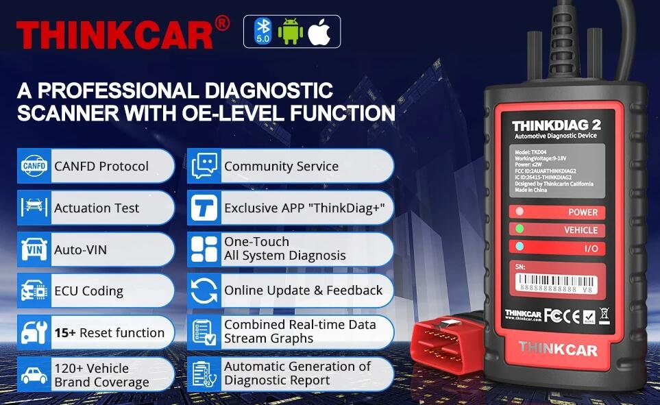 THINKCAR Thinkdiag 2 OBD2 Code Reader Scanner Full System CAN FD ...